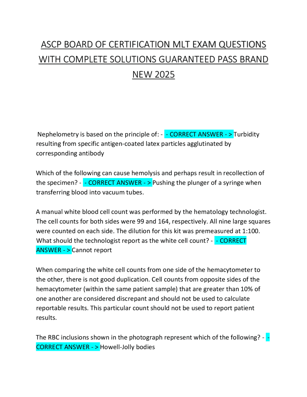 ASCP BOARD OF CERTIFICATION MLT EXAM QUESTIONS WITH COMPLETE SOLUTIONS ...