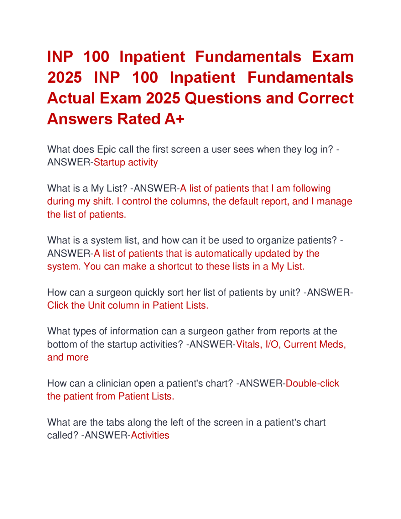 INP 100 Inpatient Fundamentals Exam 2025 INP 100 Inpatient Fundamentals ...