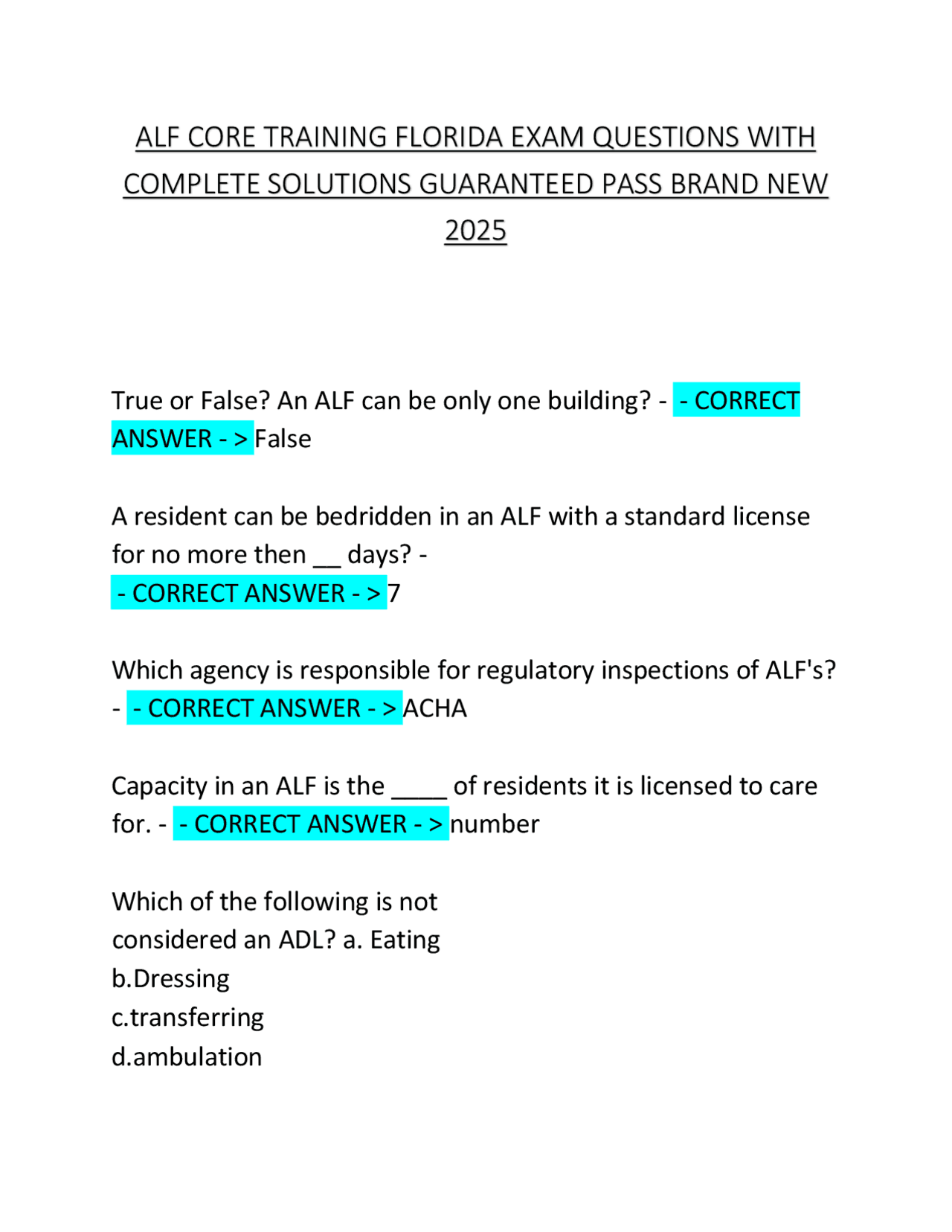 ALF CORE TRAINING FLORIDA EXAM QUESTIONS WITH COMPLETE SOLUTIONS ...