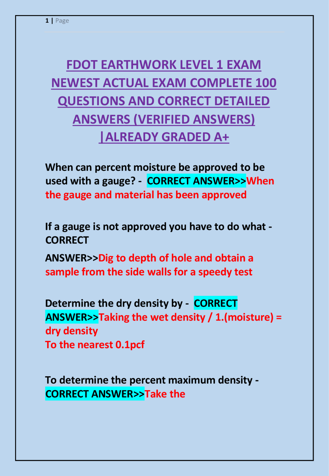 FDOT Earthwork Level 1 Exam: Questions and Answers | Exams Earth ...