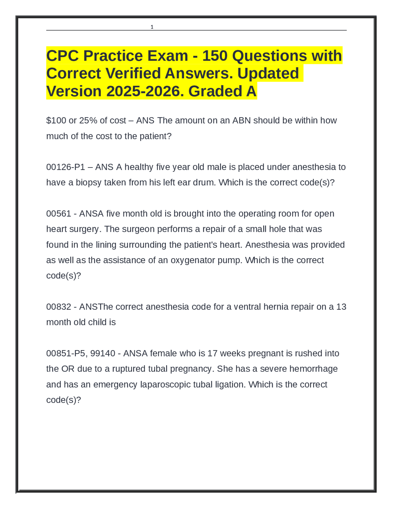 CPC Practice Exam - 150 Questions with Correct Verified Answers ...