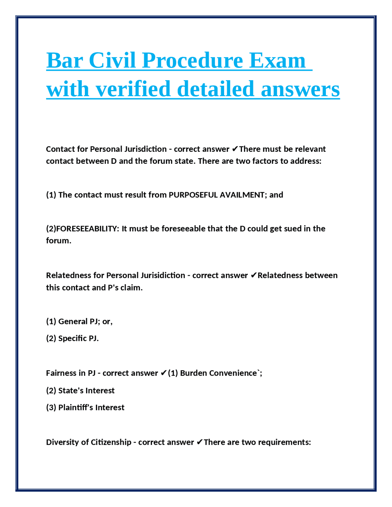 Civil Procedure Exam: Key Concepts and Answers | Exams Law | Docsity