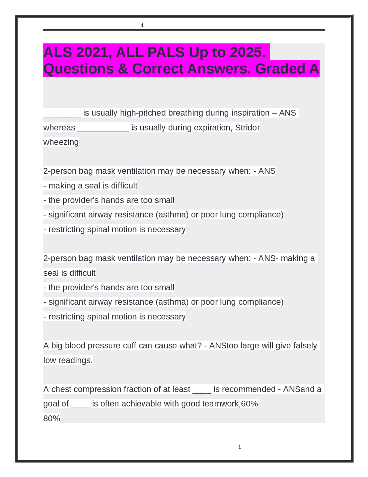 ALS 2021, ALL PALS Up to 2025. Questions & Correct Answers. Graded A ...