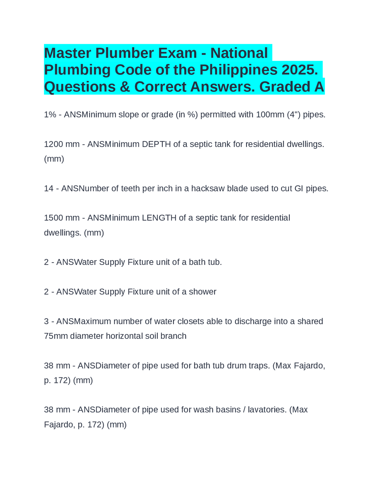 Master Plumber Exam - National Plumbing Code of the Philippines 2025. Questions & Answers ...