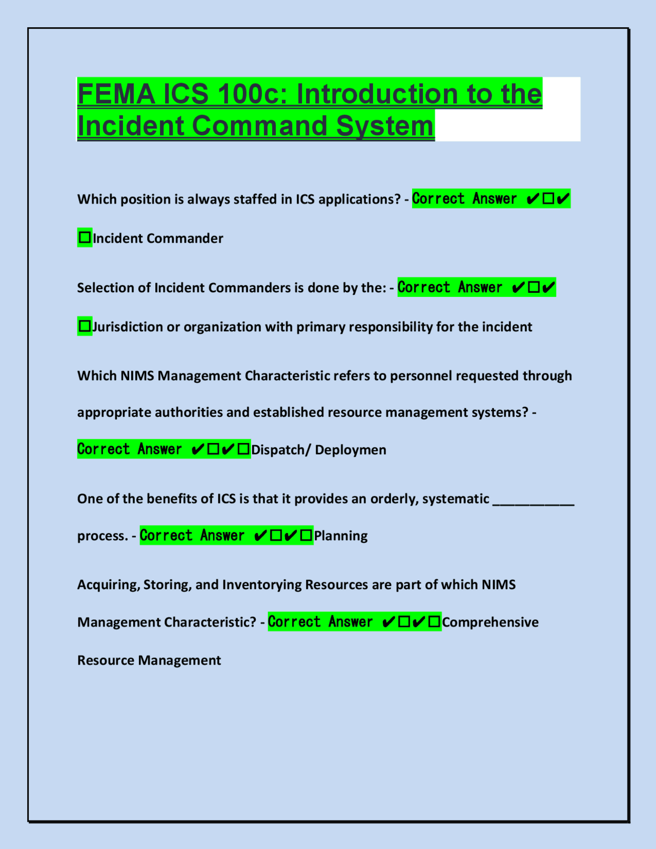 FEMA ICS 100c: Introduction to the Incident Command System Premium Questions & Answers | Exams ...