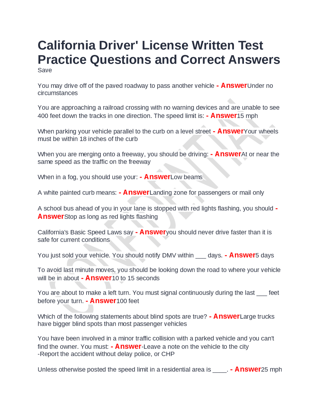 California Driver's License Written Test Practice Questions and Answers ...