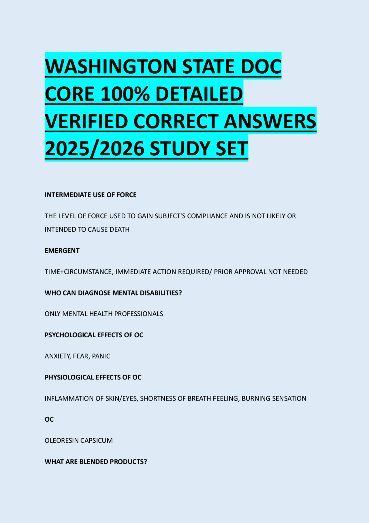 WASHINGTON STATE DOC CORE 100% DETAILED VERIFIED CORRECT ANSWERS 2025/ ...