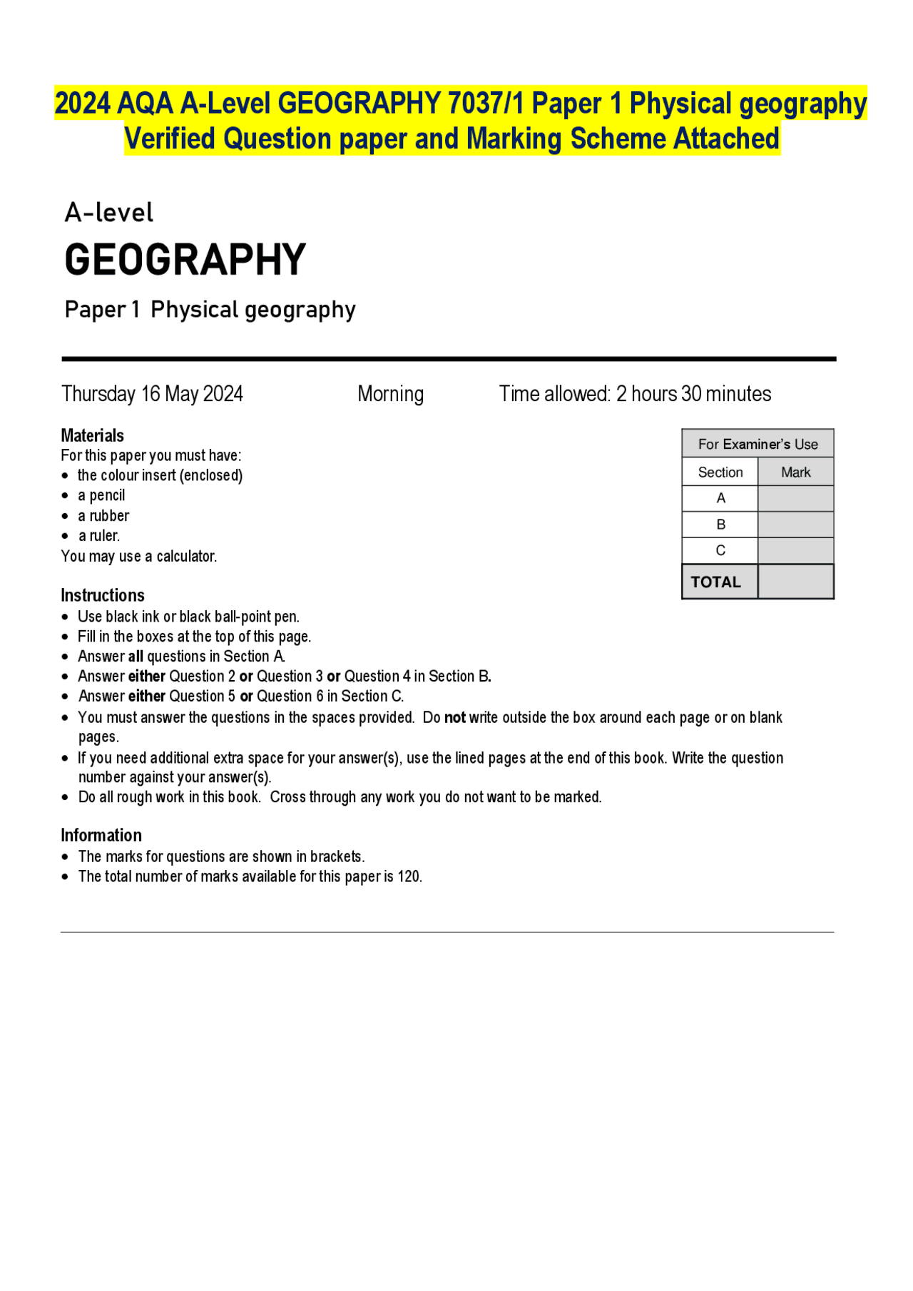 2024 AQA A-Level GEOGRAPHY 7037/1 Paper 1 Physical geography Verified ...