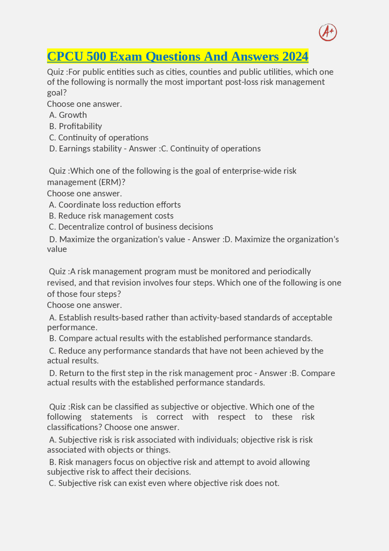 CPCU 500 Exam Questions and Answers 2024: Risk Management Concepts and ...