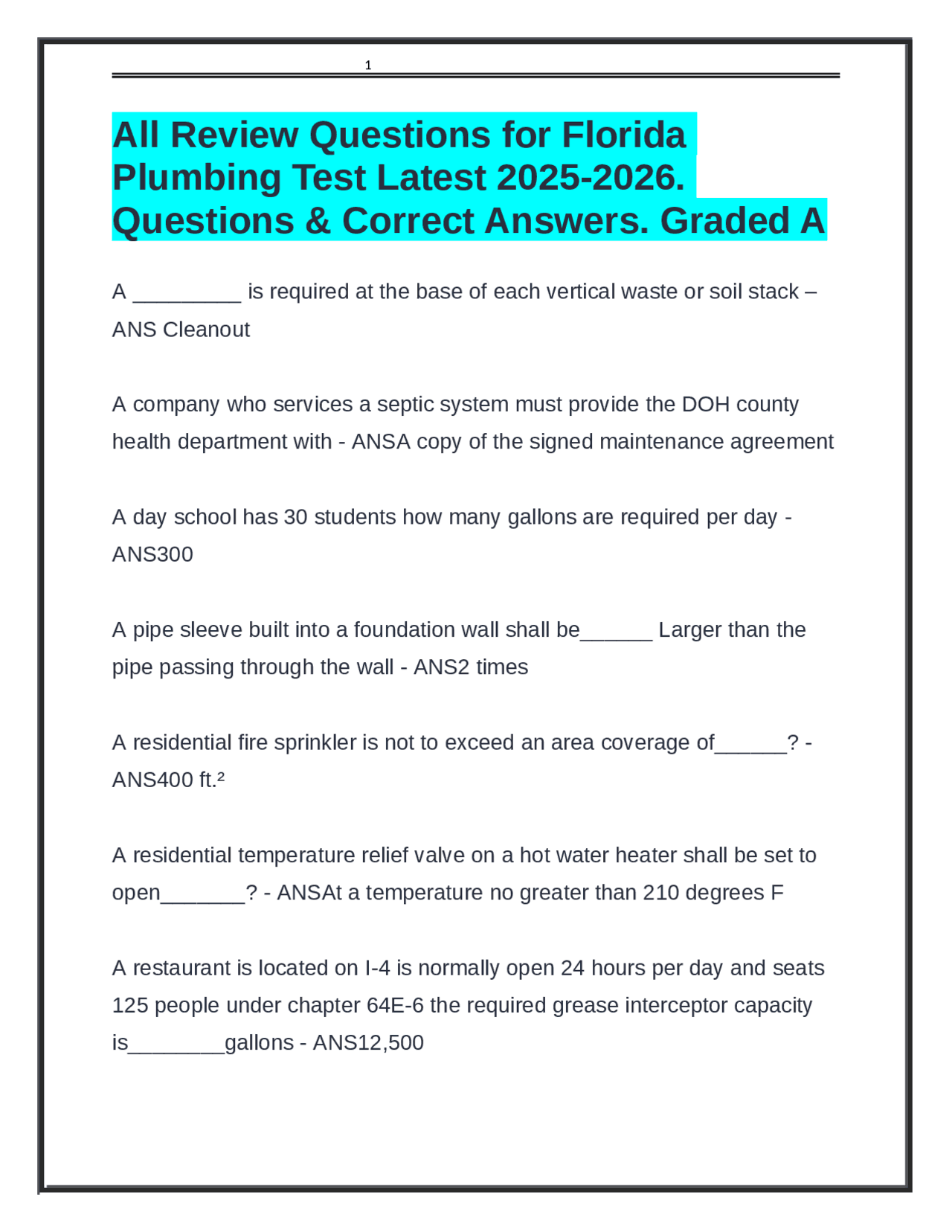All Review Questions for Florida Plumbing Test Latest 2025-2026 ...