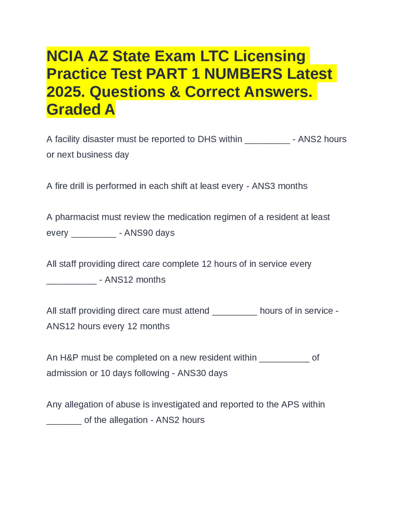 NCIA AZ State Exam LTC Licensing Practice Test PART 1 NUMBERS Latest ...