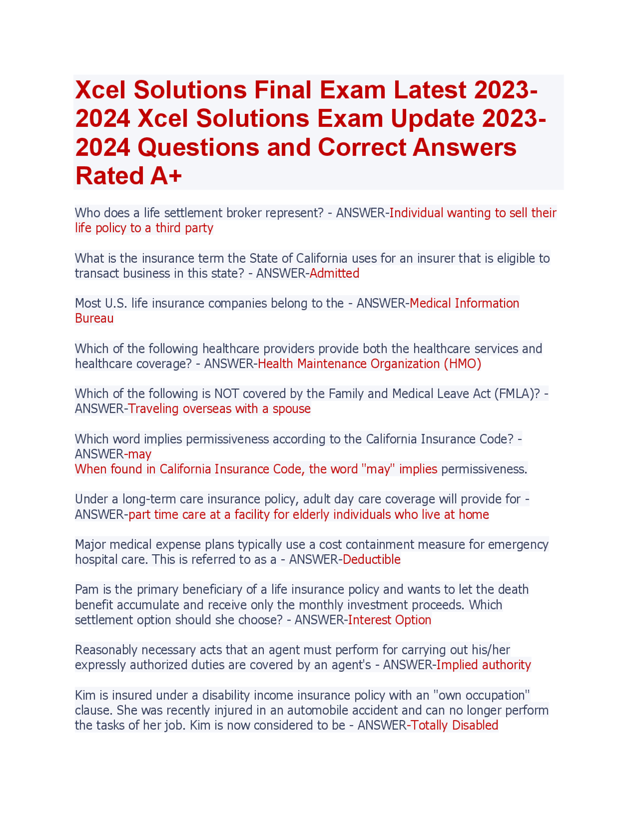 Xcel Solutions Final Exam Latest 2024-2025 with correct questions and ...