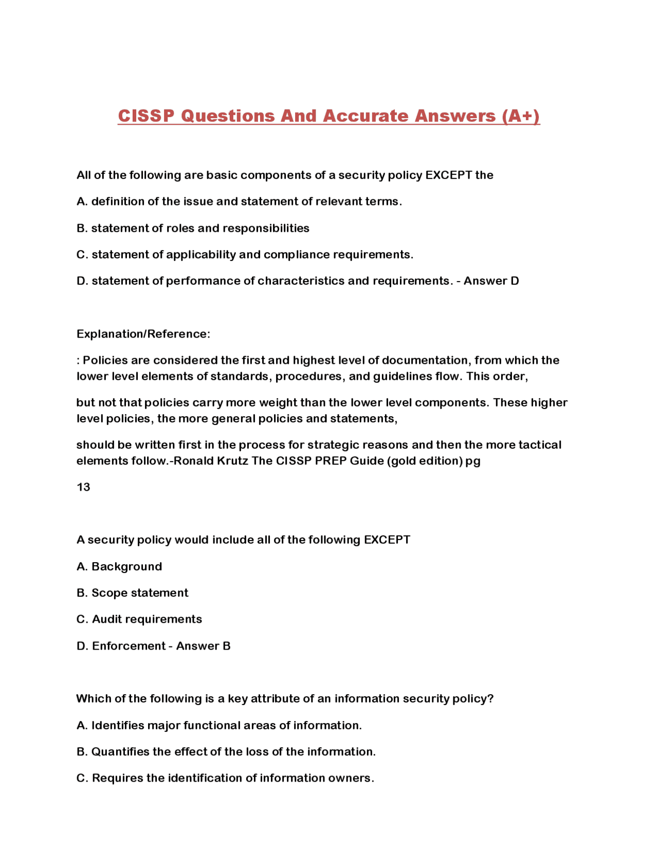 CISSP Exam Preparation: Multiple Choice Questions and Answers | Exams ...