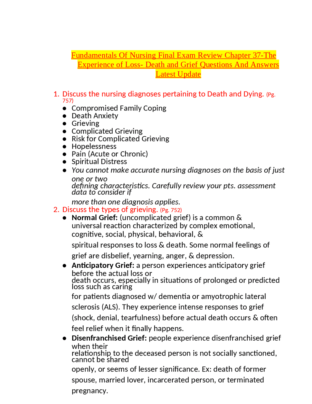 Fundamentals Of Nursing Final Exam Review Chapter 37-The Experience of ...