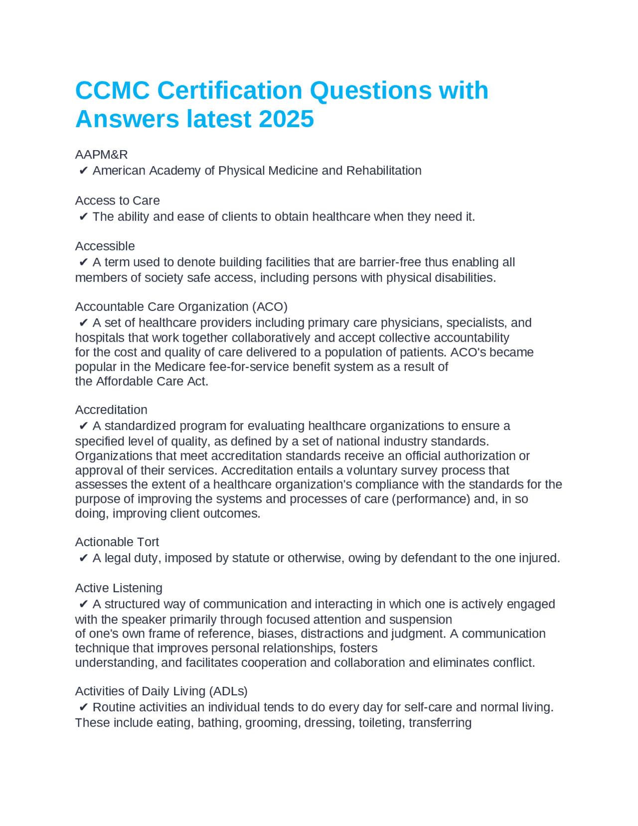 CCMC Certification Questions with Answers latest 2025 | Exams Law | Docsity