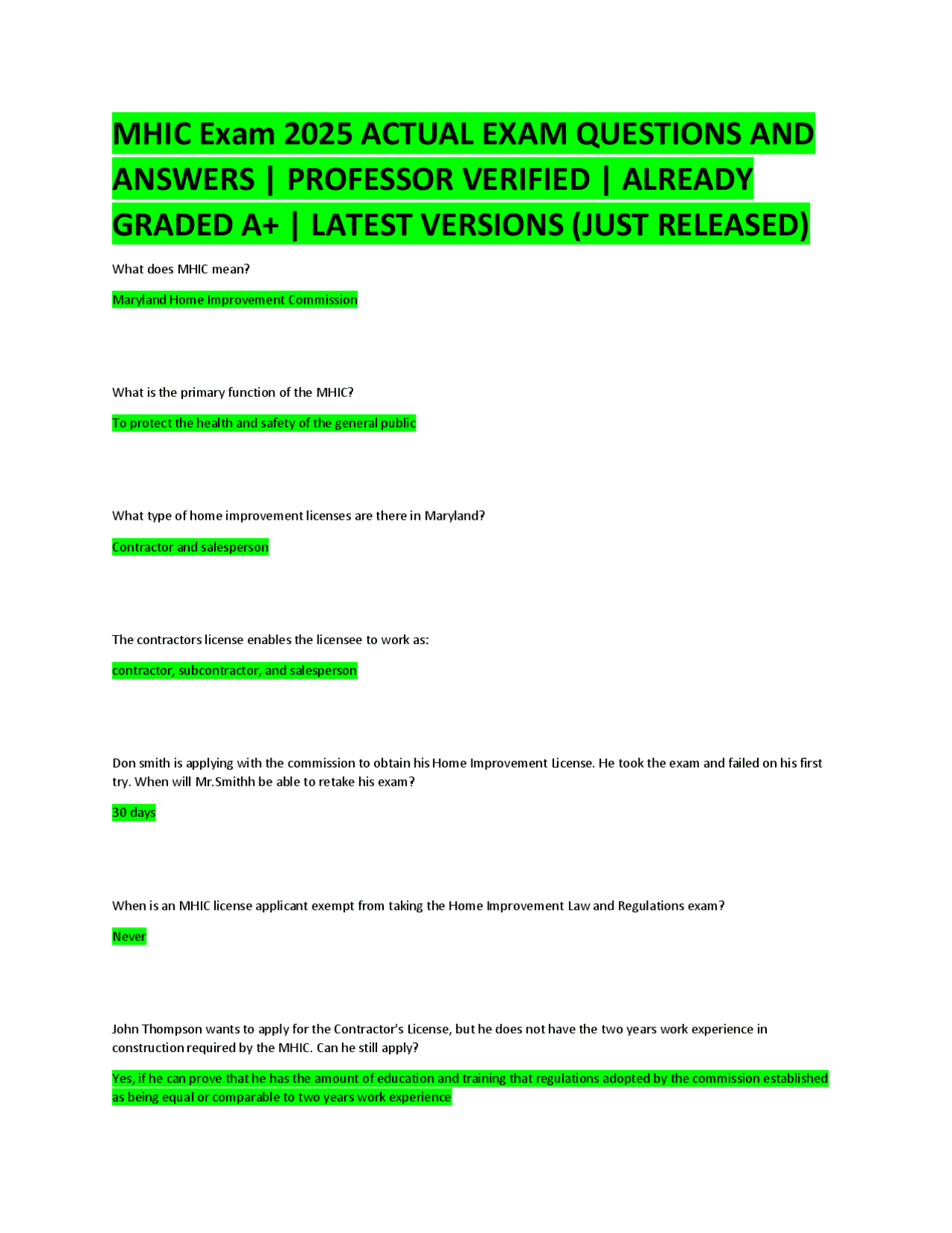 MHIC Exam 2025 ACTUAL EXAM QUESTIONS AND ANSWERS | PROFESSOR VERIFIED ...