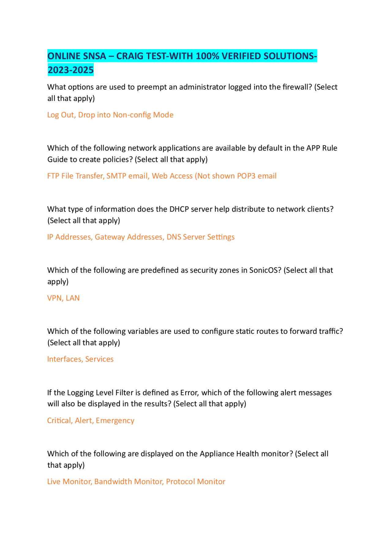 ONLINE SNSA – CRAIG TEST-WITH 100% VERIFIED SOLUTIONS- 2023-2025 What ...