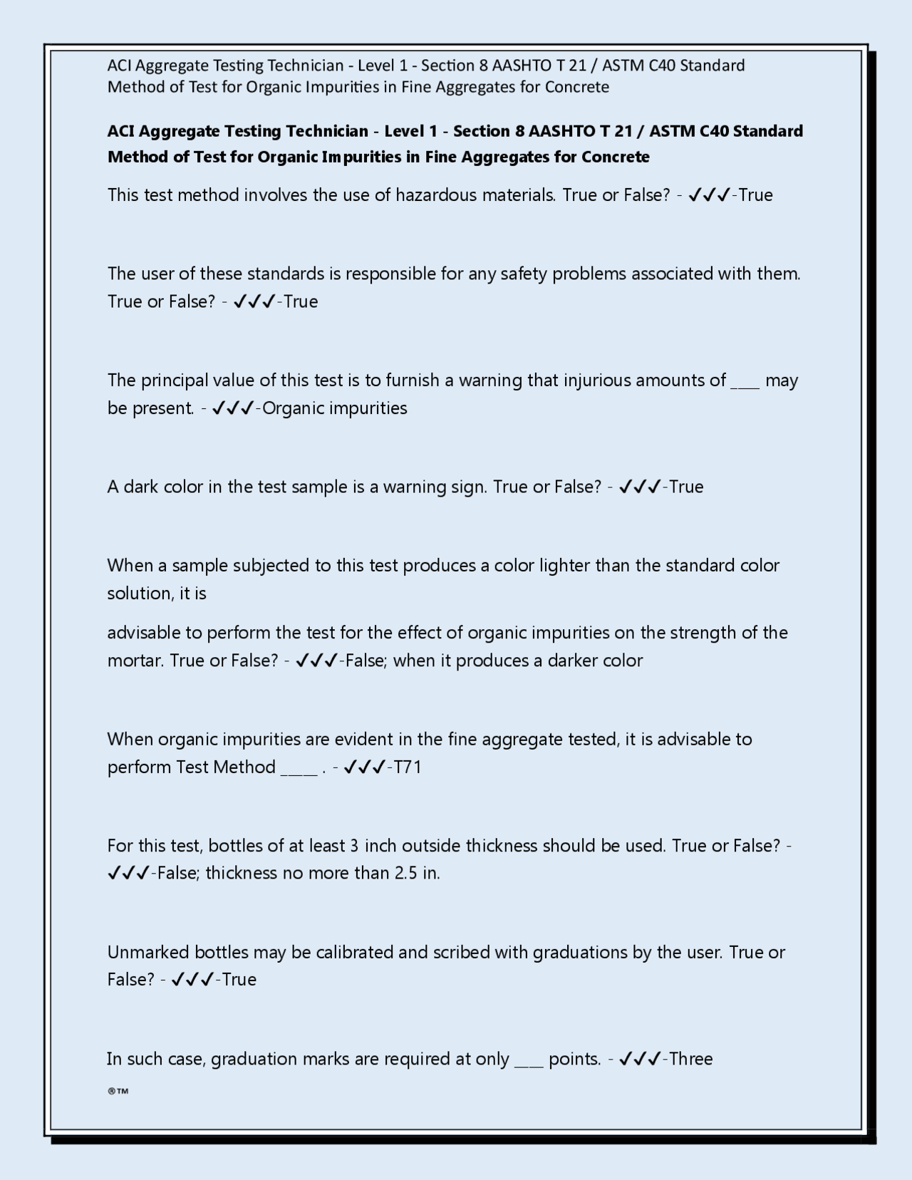 ACI Aggregate Testing Technician - Level 1 - Section 8 AASHTO T 21 ...
