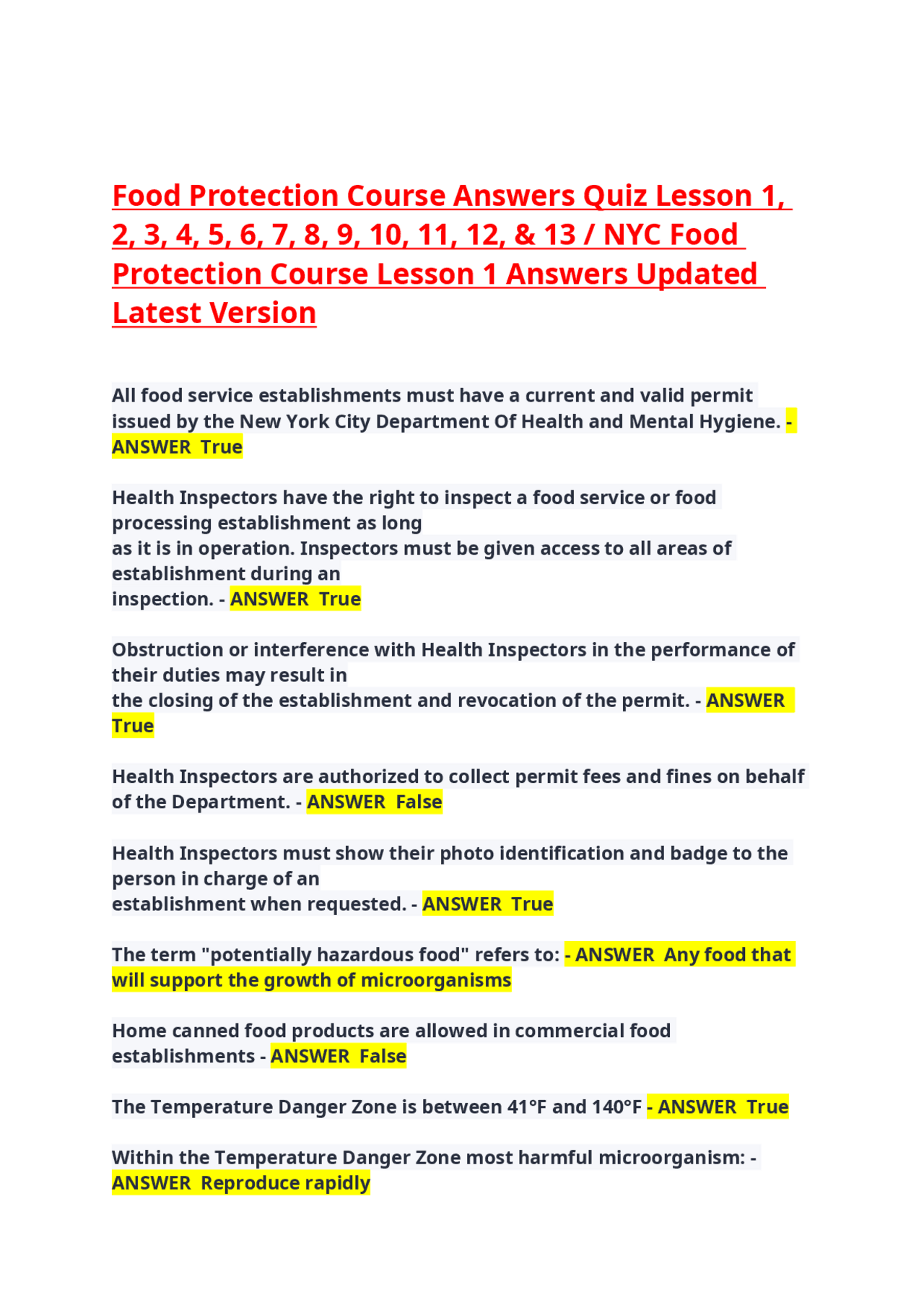 food protection course answers quiz lesson 3 | Exams Nursing | Docsity