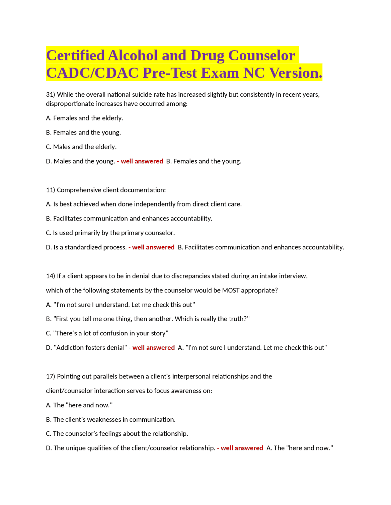 Certified Alcohol and Drug Counselor (CADC/CDAC) Pre-Test Exam: NC ...
