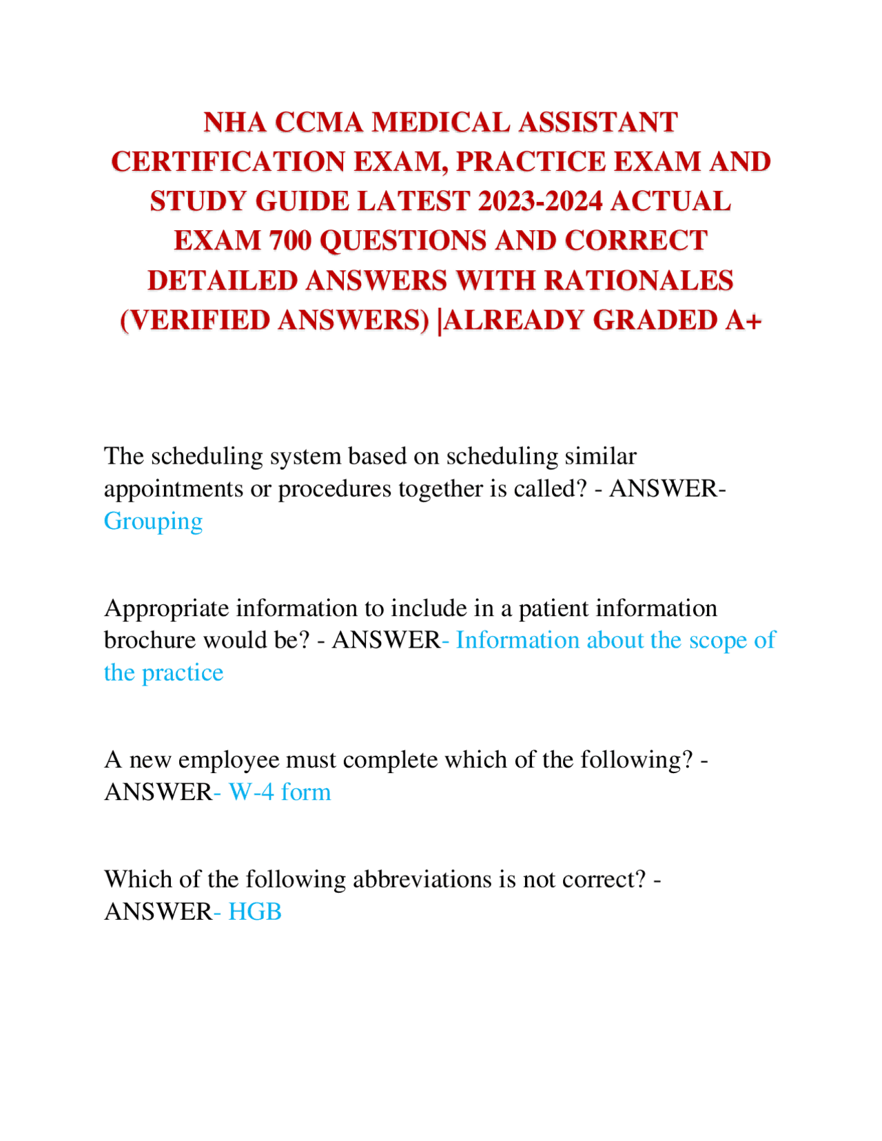 NHA CCMA MEDICAL ASSISTANT CERTIFICATION EXAM, PRACTICE EXAM AND STUDY ...