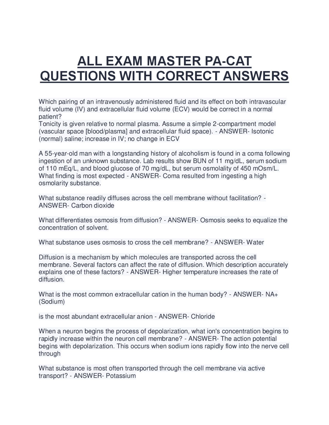 ALL EXAM MASTER PA-CAT QUESTIONS WITH CORRECT ANSWERS (3).pdf | Exams ...