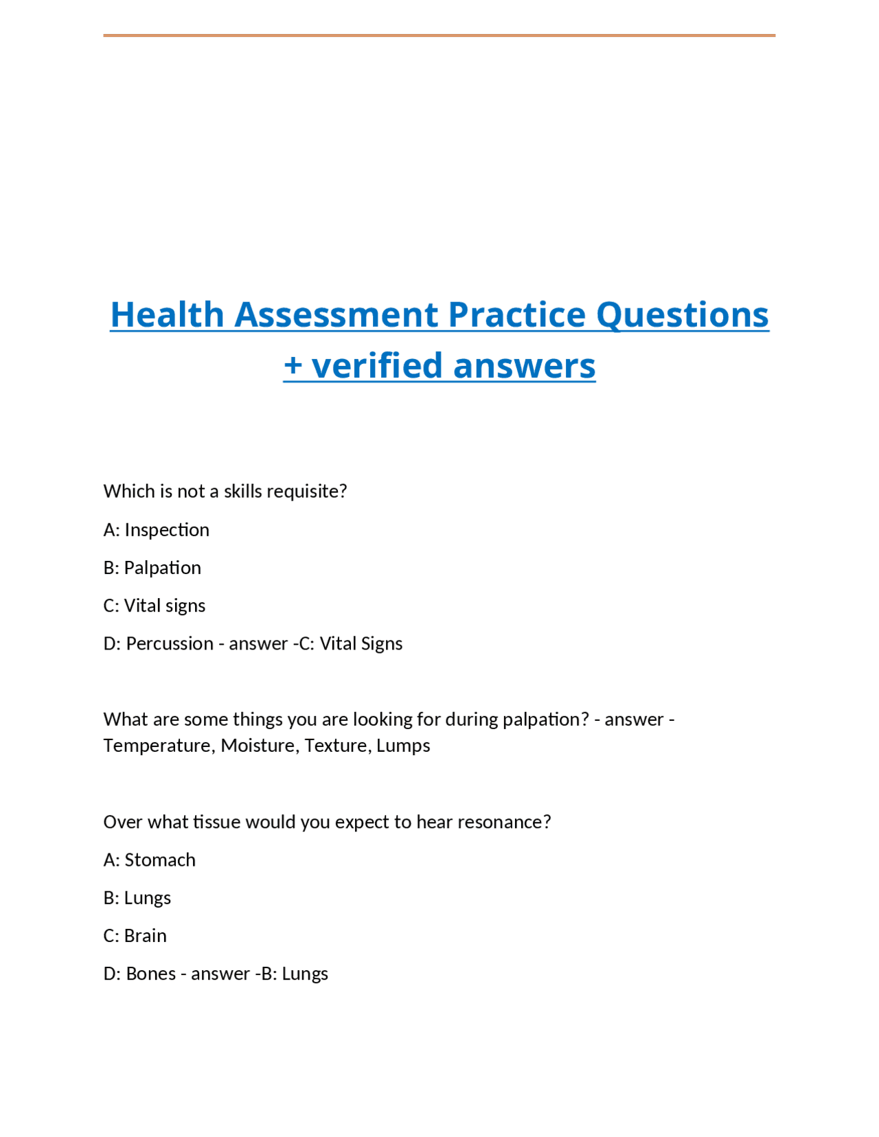 Health Assessment Practice Questions + verified answers.docx | Exams ...