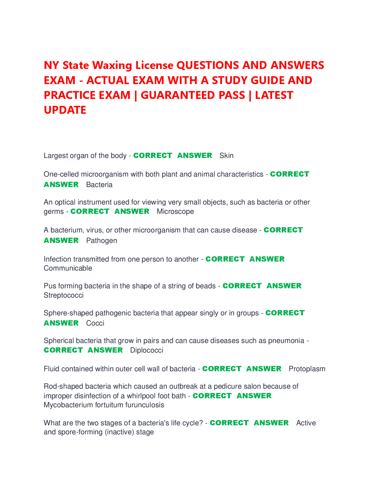 NY State Waxing License QUESTIONS AND ANSWERS EXAM - ACTUAL EXAM WITH A ...
