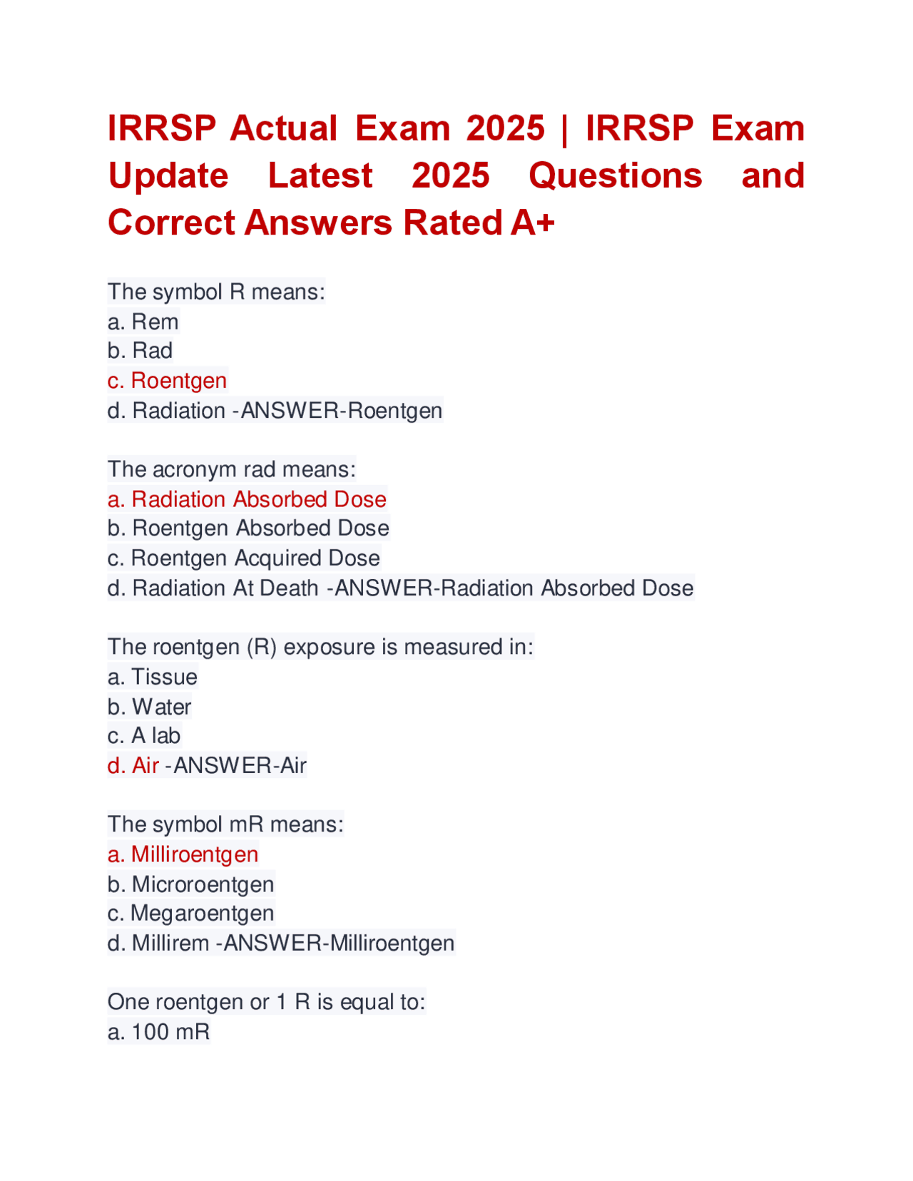 IRRSP Exam Questions and Answers 2025 | Exams Chemistry | Docsity