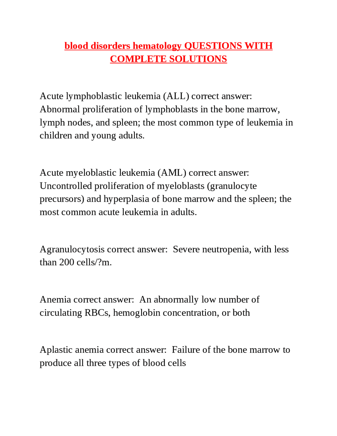 Blood Disorders Hematology: Questions and Answers with Complete ...