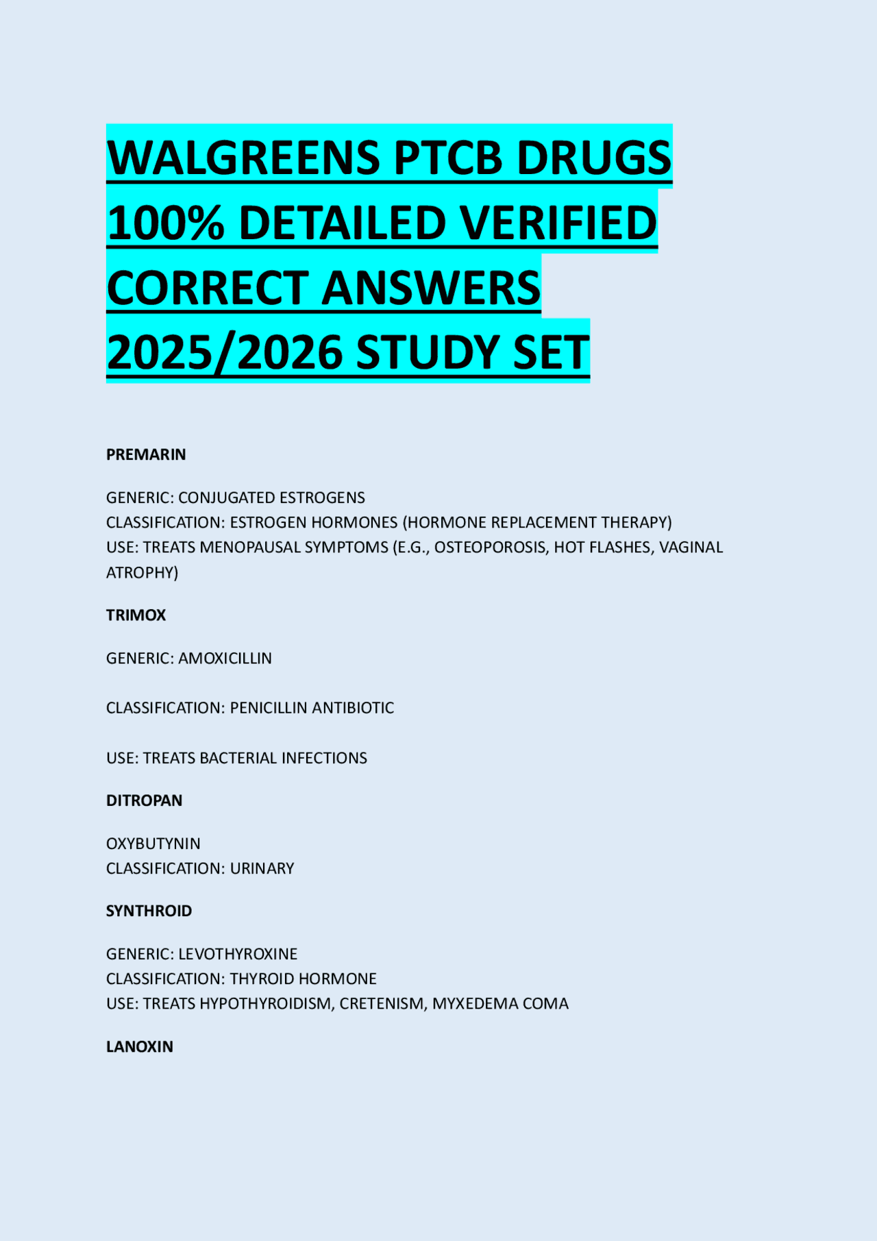 WALGREENS PTCB DRUGS 100% DETAILED VERIFIED CORRECT ANSWERS 2025/2026 ...