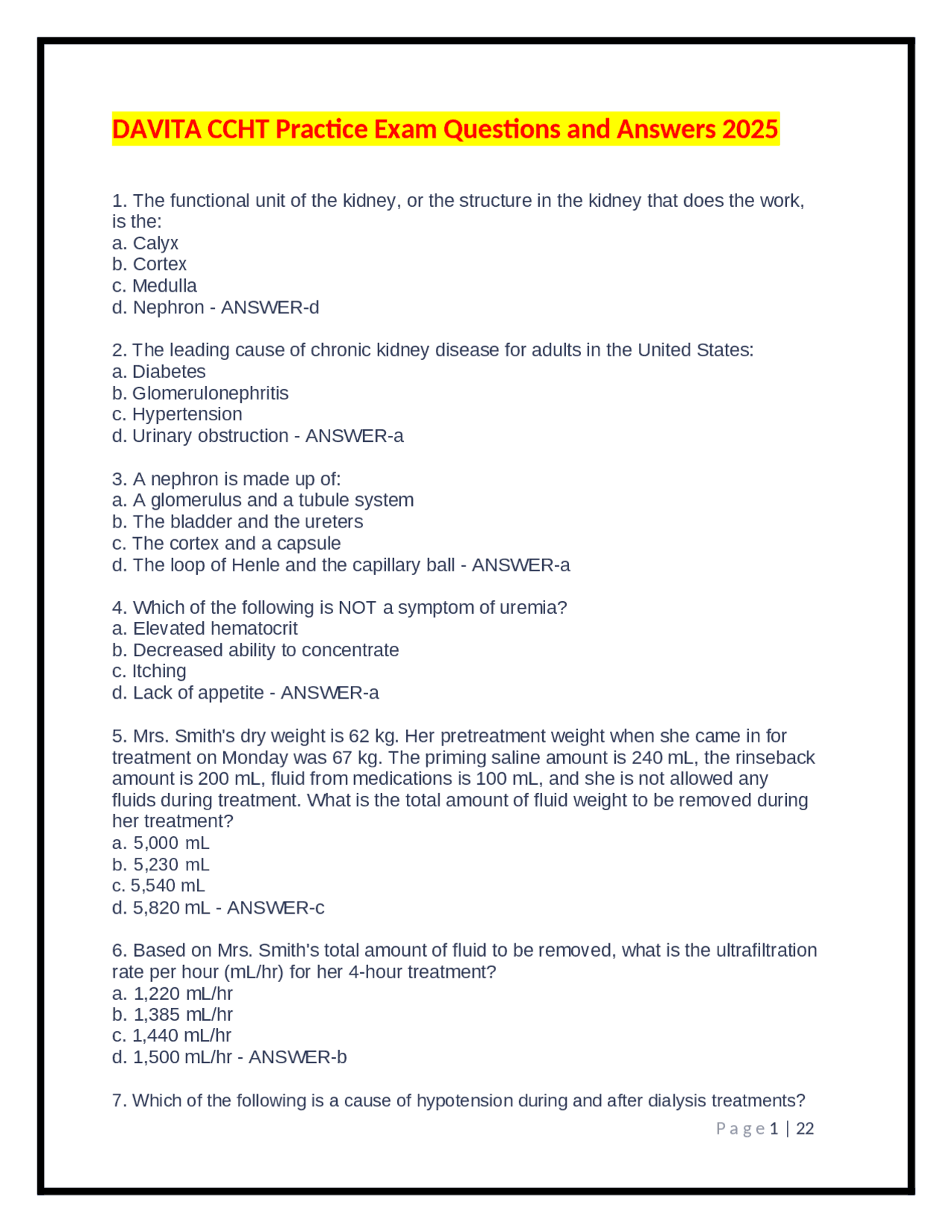 DAVITA CCHT Practice Exam Questions and Answers | Exams Nursing | Docsity