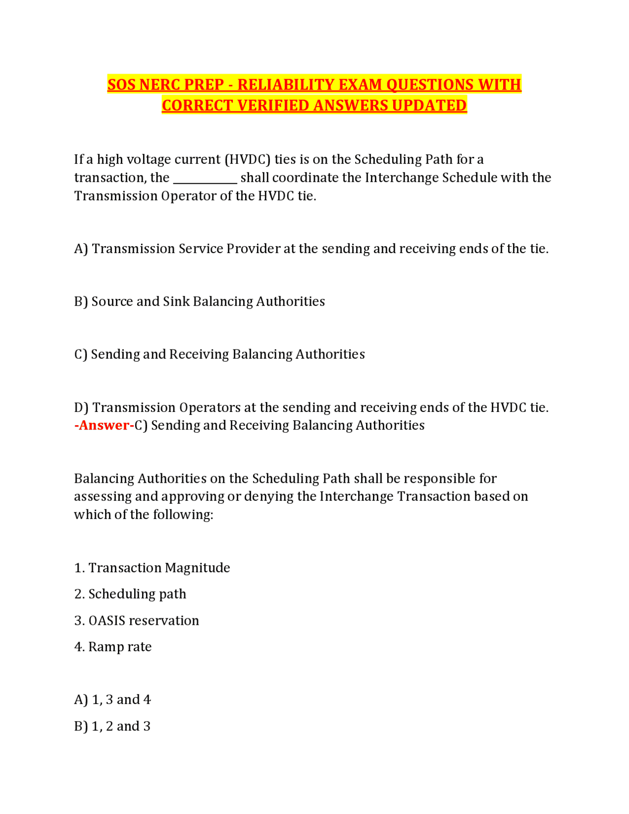 SOS NERC PREP - RELIABILITY EXAM QUESTIONS WITH CORRECT VERIFIED ANSWERS UPDATED | Exams ...