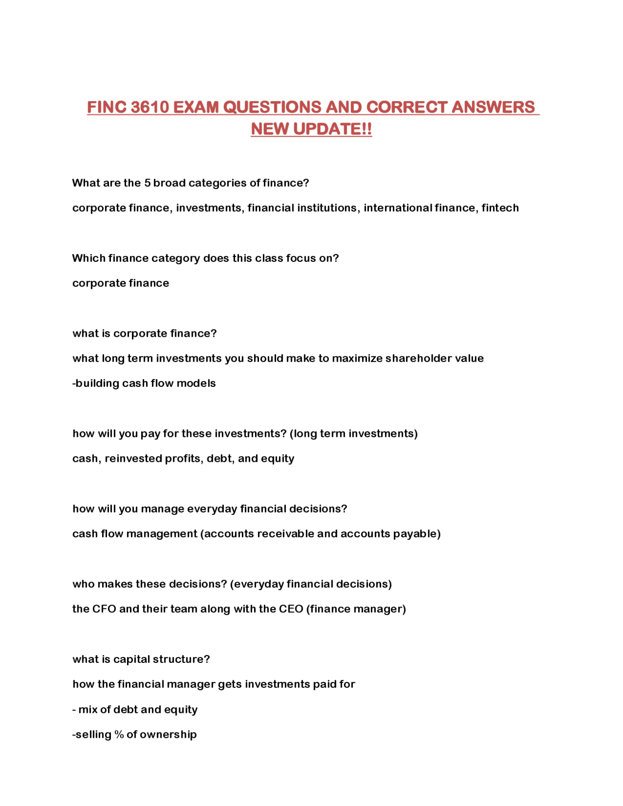 FINC 3610 EXAM QUESTIONS AND CORRECT ANSWERS NEW UPDATE!! | Exams ...
