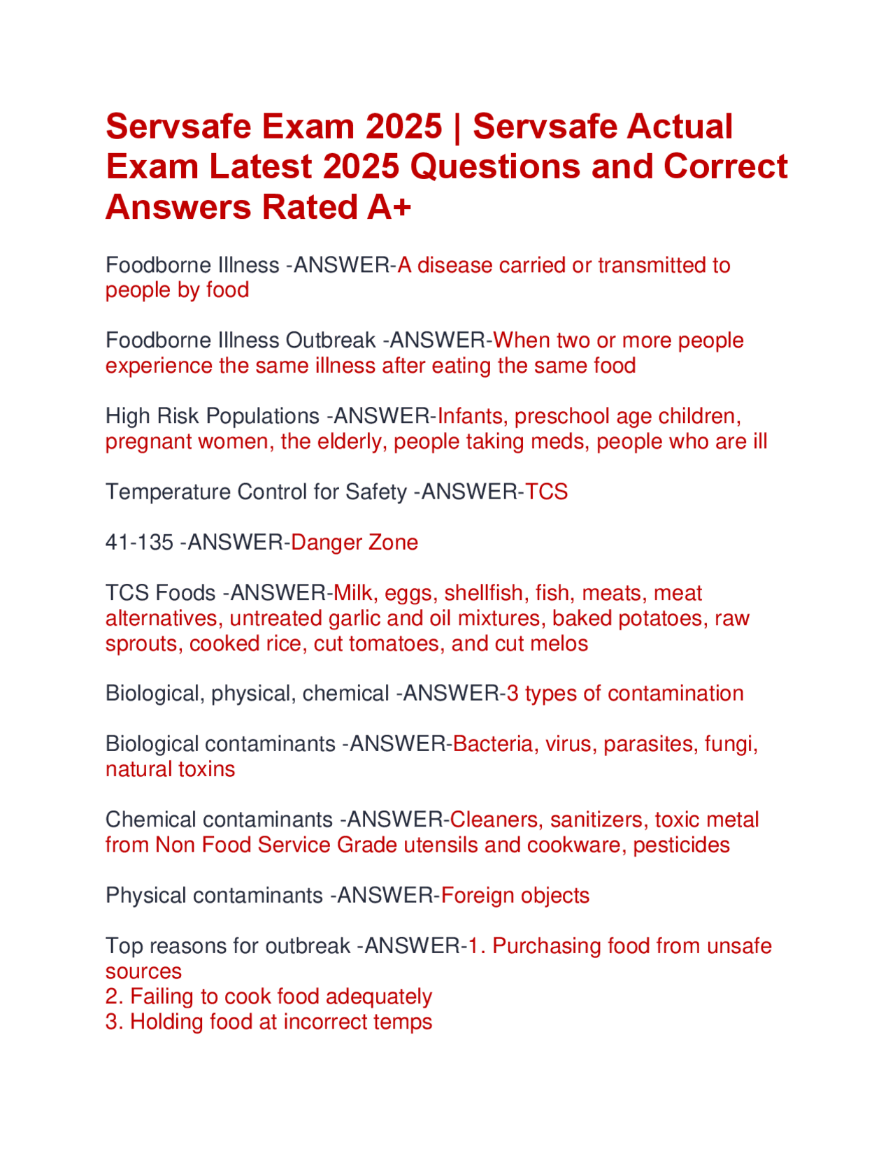 Servsafe Exam 2025 | Servsafe Actual Exam Latest 2025 Questions and ...