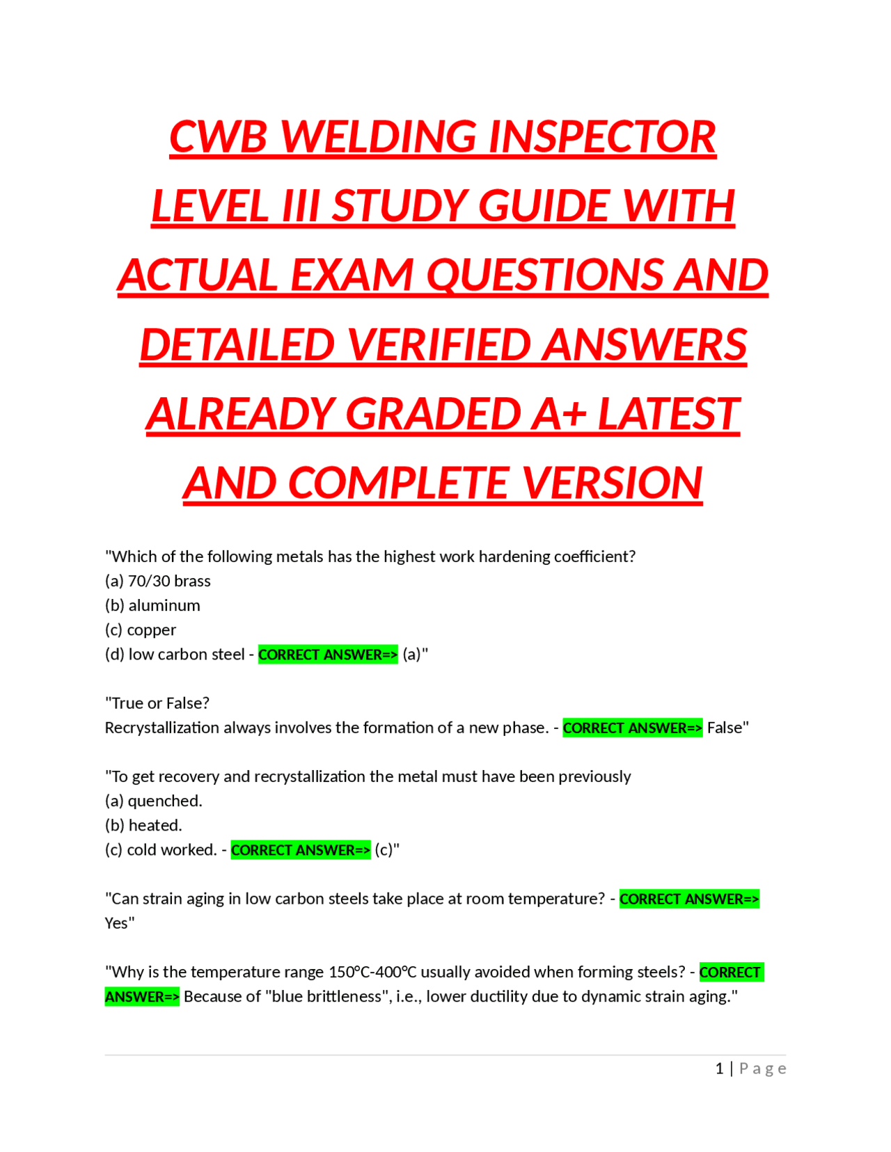 CWB WELDING INSPECTOR LEVEL III STUDY GUIDE WITH ACTUAL EXAM QUESTIONS ...
