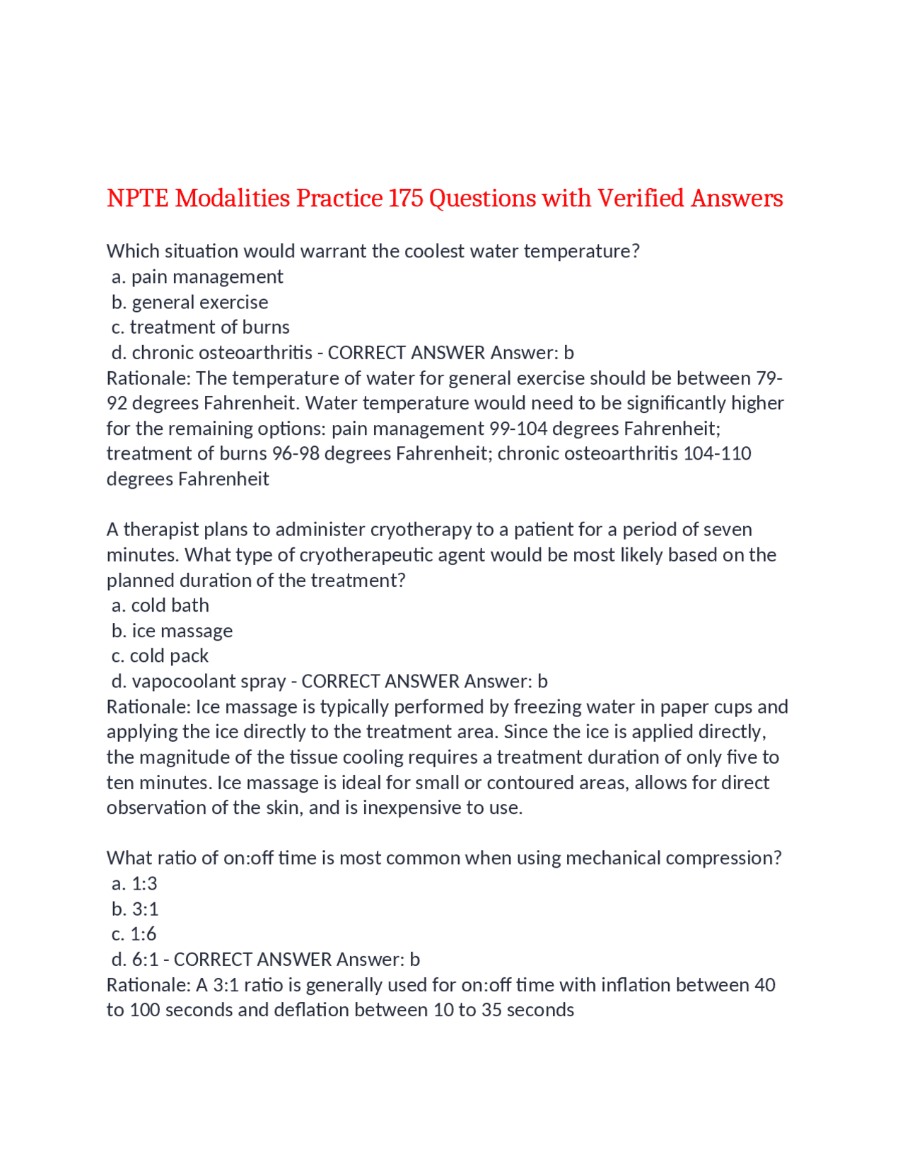 NPTE Modalities Practice 175 Questions with Verified Answers,100% ...