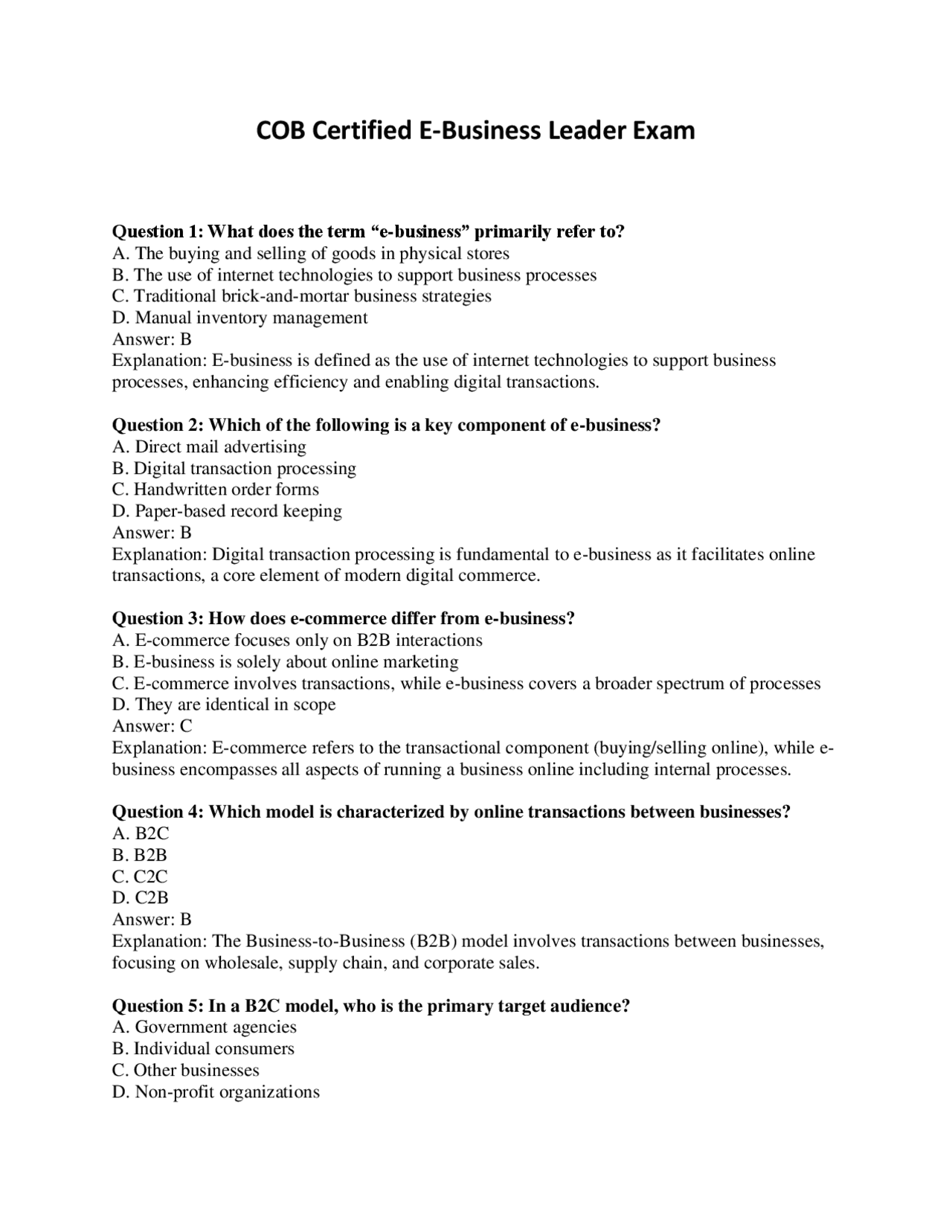 COB Certified E-Business Leader Exam | Exams Technology | Docsity