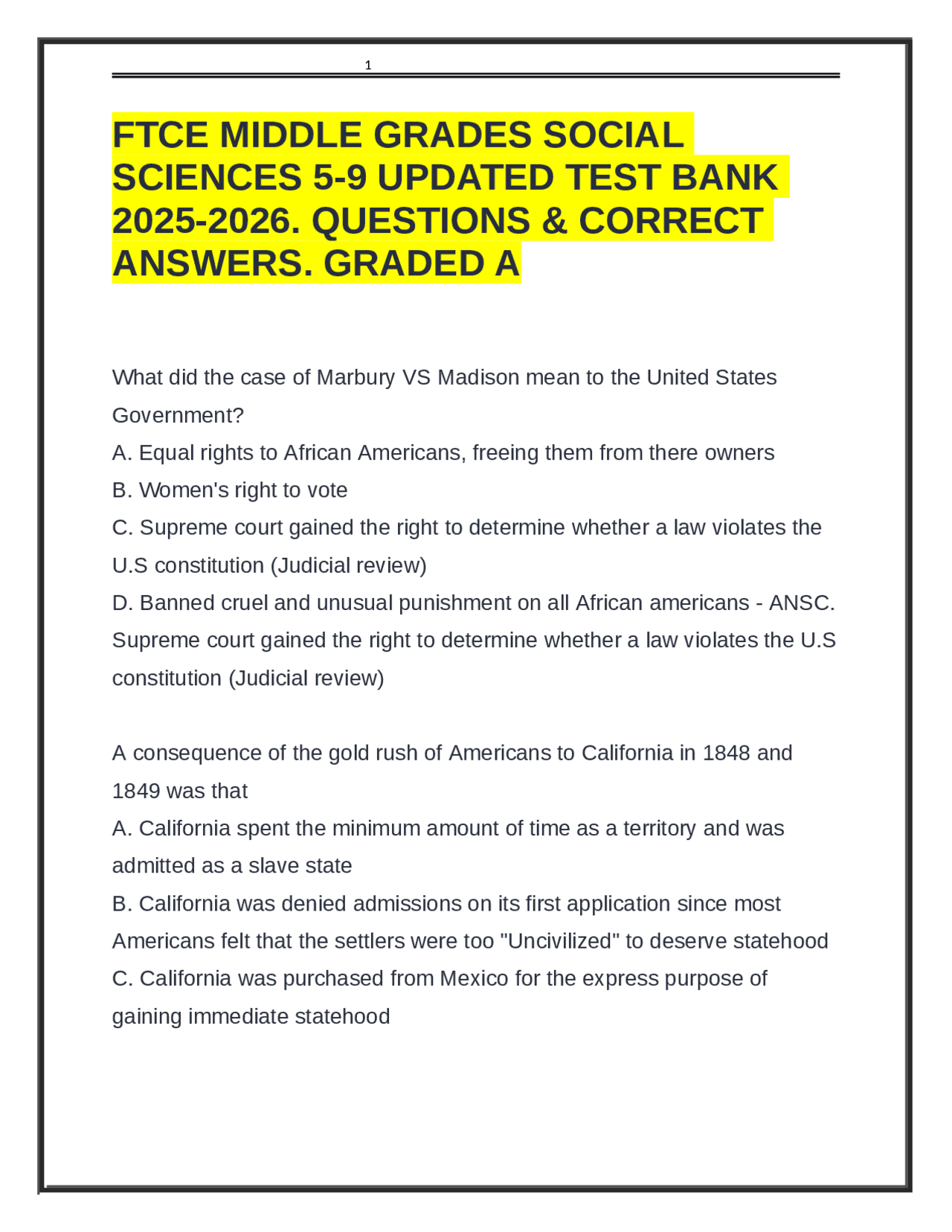 FTCE MIDDLE GRADES SOCIAL SCIENCES 5-9 UPDATED TEST BANK 2025-2026 ...