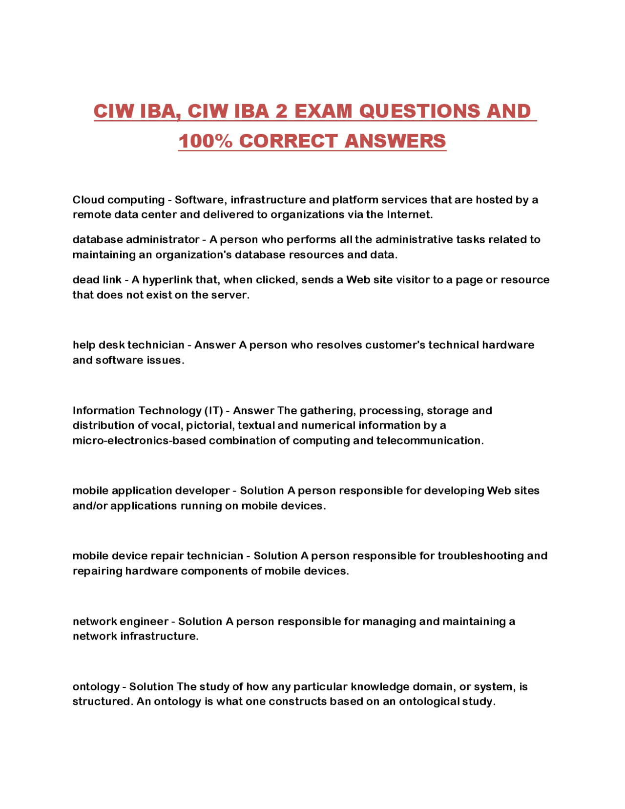 CIW IBA and CIW IBA 2 Exam Questions and Answers: A Glossary of Key IT ...