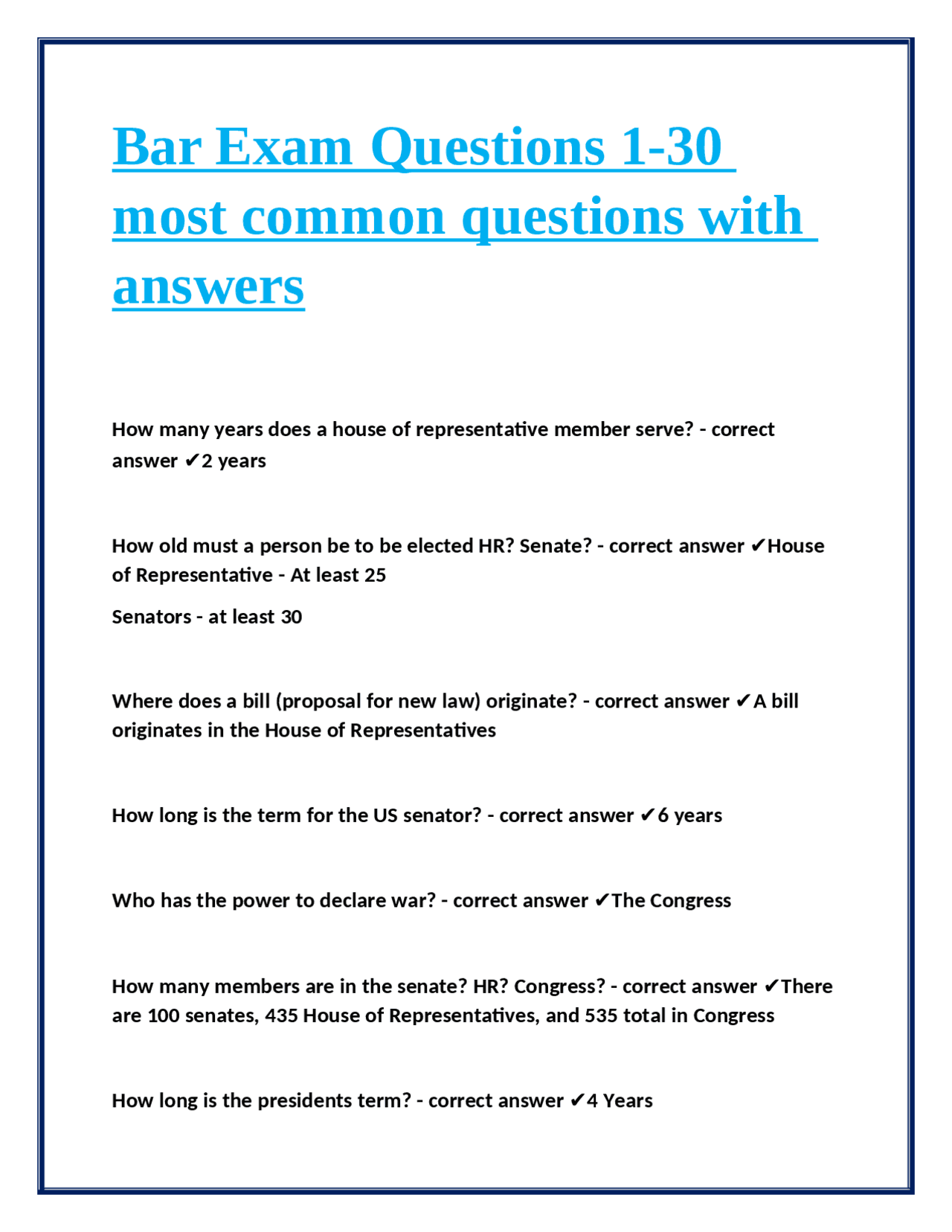 Bar Exam Questions 1-30 most common questions with answers | Exams ...