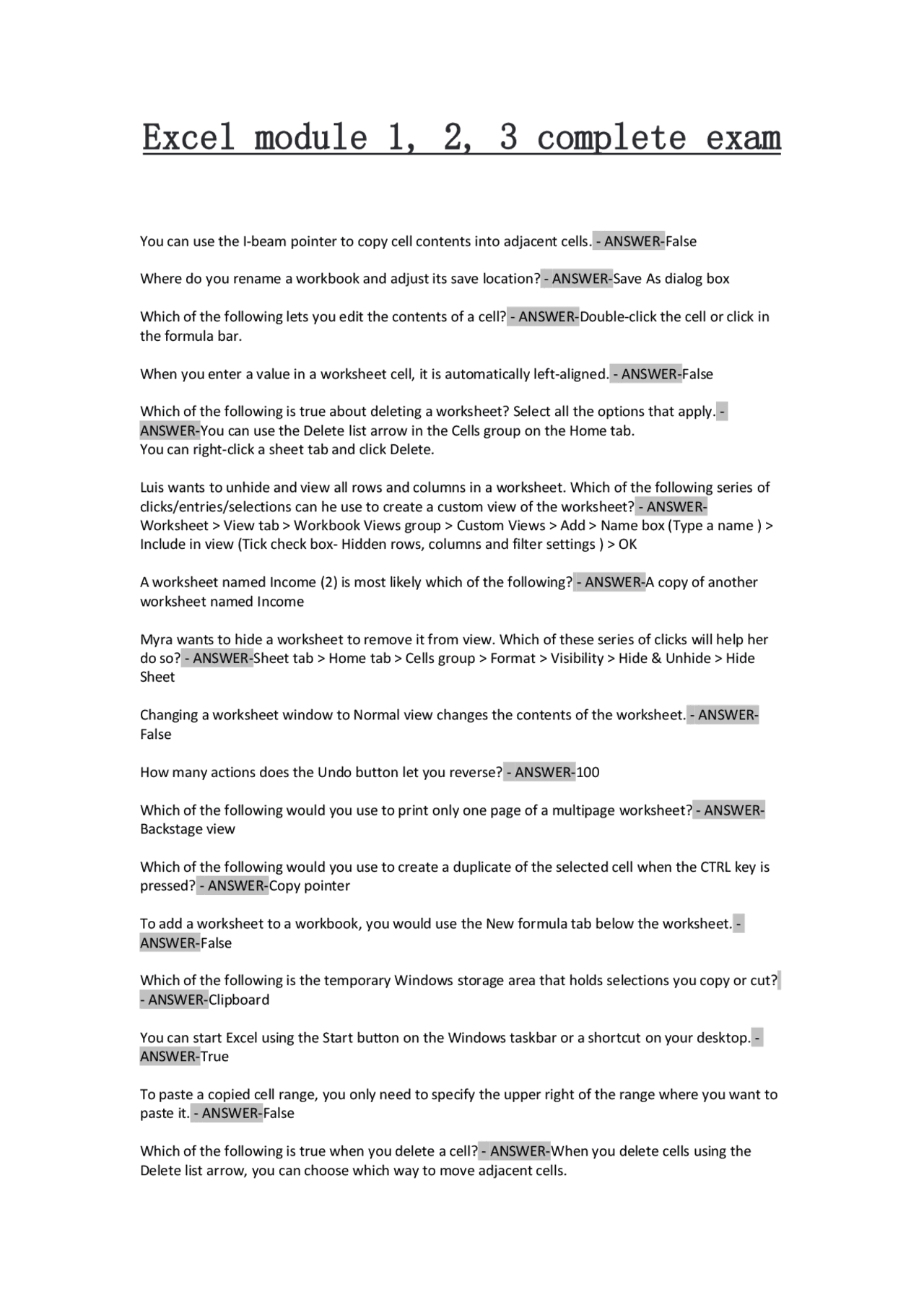 Excel Module 1, 2, 3 Complete Exam: Multiple Choice Questions and Answers | Exams MS Microsoft ...