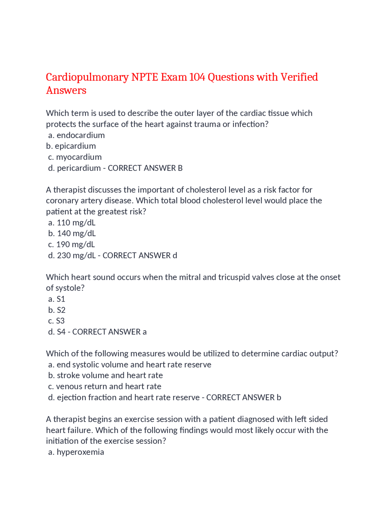 Cardiopulmonary NPTE Exam 104 Questions with Verified Answers,100% ...
