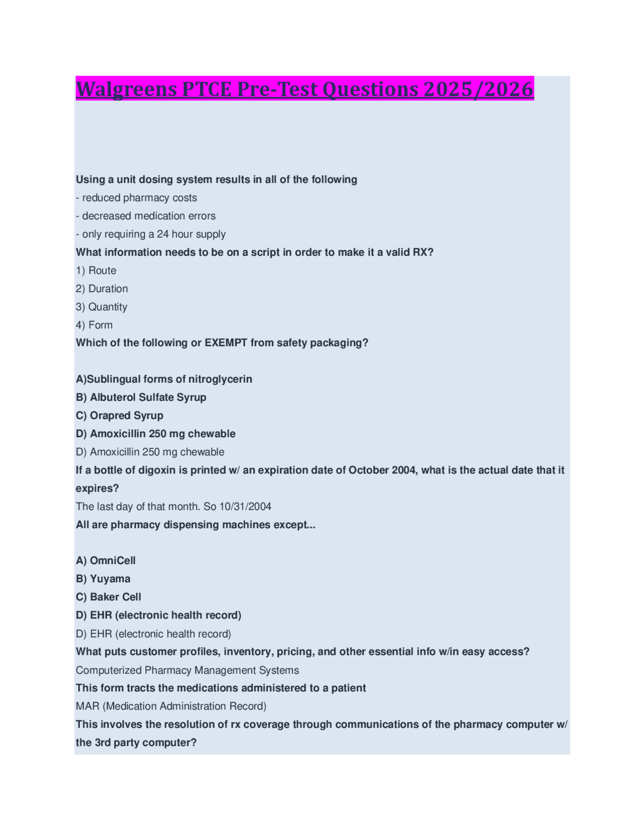Pharmacy Technician Certification Exam (PTCE) Practice Questions: 2025/ ...