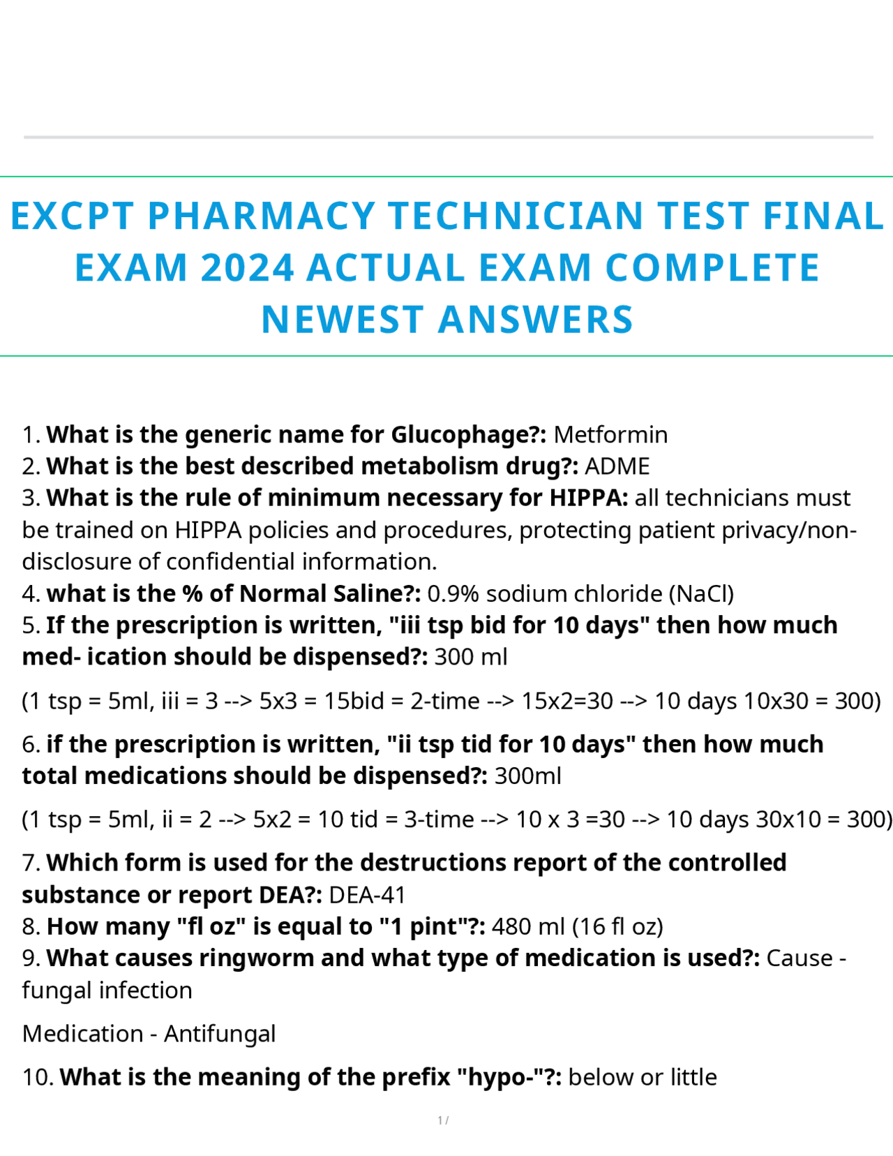EXCPT PHARMACY TECHNICIAN TEST FINAL EXAM 2024 ACTUAL EXAM COMPLETE ...