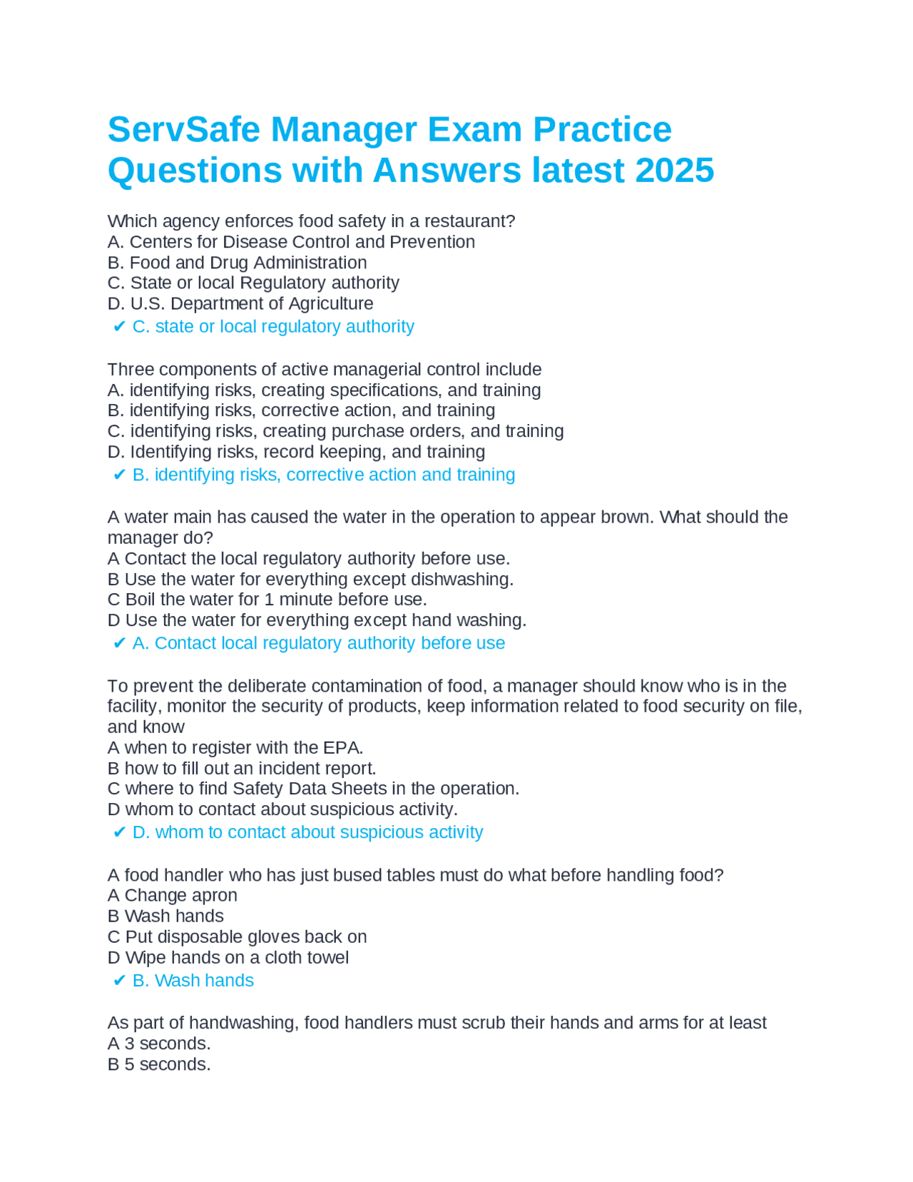 ServSafe Manager Exam Practice Questions with Answers latest 2025 ...