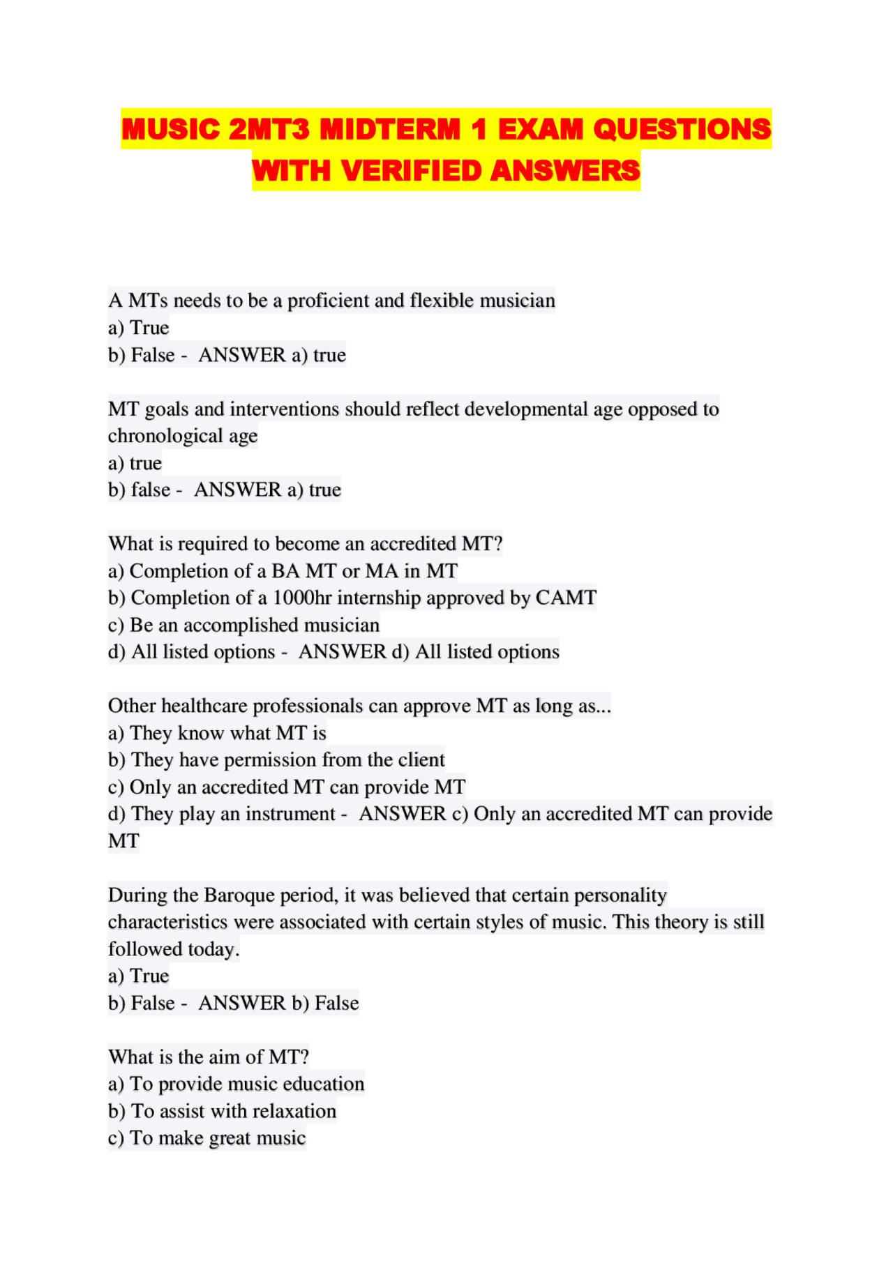 MUSIC 2MT3 MIDTERM 1 EXAM QUESTIONS WITH VERIFIED ANSWERS | Exams ...