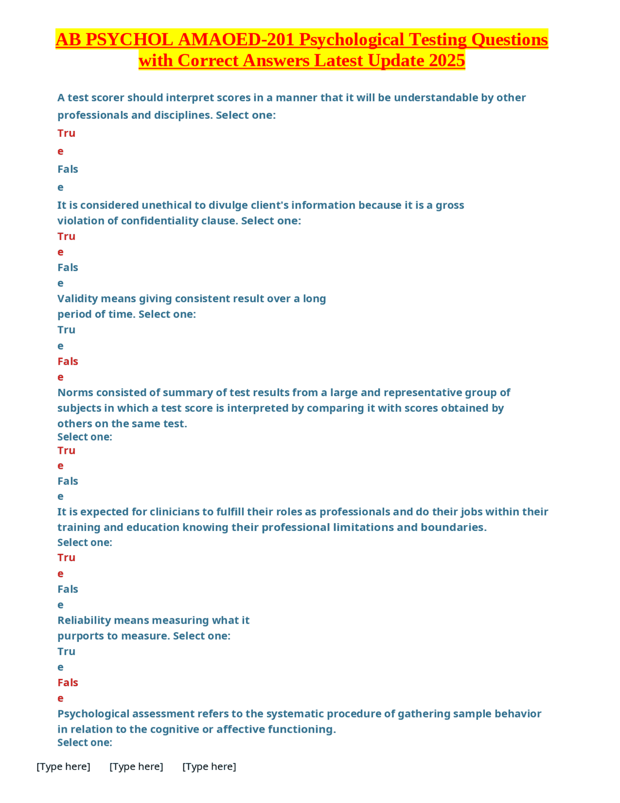AB PSYCHOL AMAOED-201 Psychological Testing Questions with Correct ...