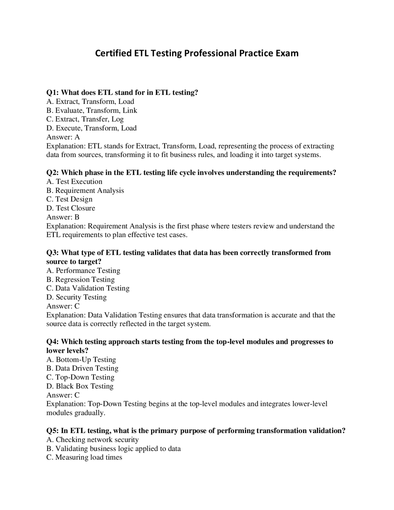 Certified ETL Testing Professional Exam | Exams Technology | Docsity