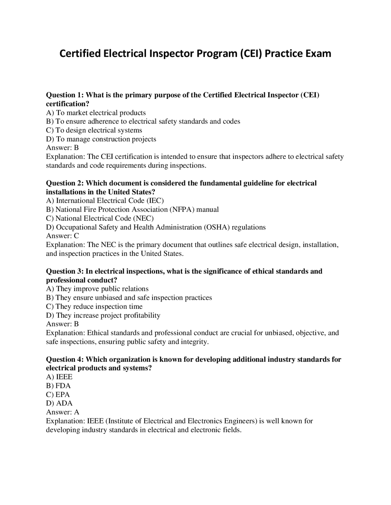 Certified Electrical Inspector Program (CEI) Exam | Exams Technology | Docsity